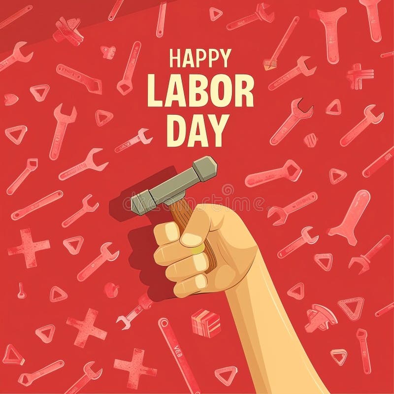 Labour Day Tribute Hand Holding Hammer with Tools on Red Background ...