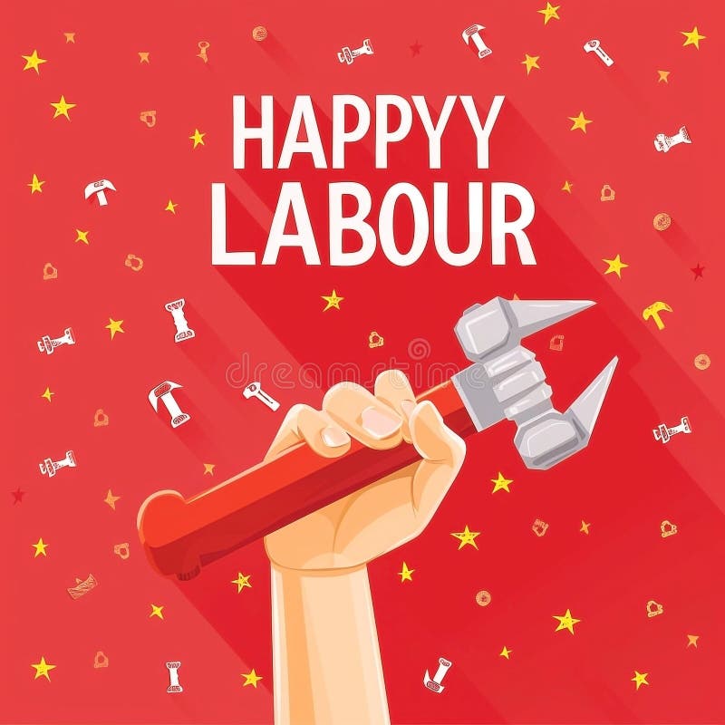 Labour Day Tribute Hand Holding Hammer with Tools on Red Background ...
