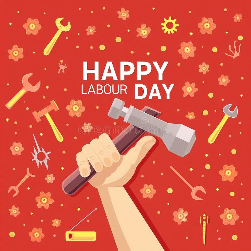 Labour Day Tribute Hand Holding Hammer with Tools on Red Background ...