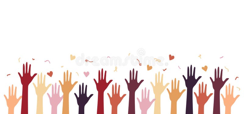 Raised Hands of Volunteer Group with Colorful Banner â€ Vector ...