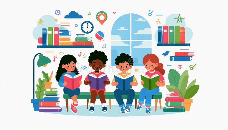 Diverse Kids in a Library Reading Books, Learning and Sharing Knowledge ...