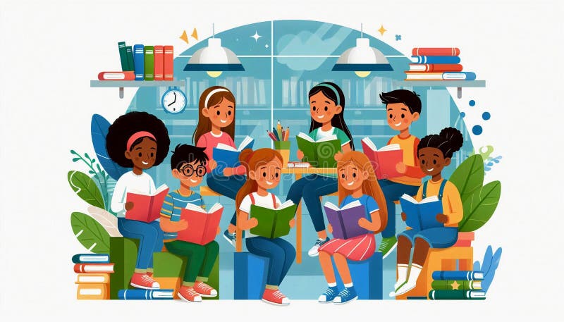 Diverse Kids in a Library Reading Books, Learning and Sharing Knowledge ...