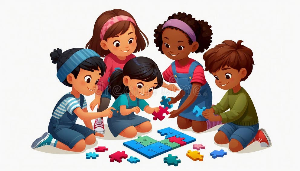 Diverse Kids Solving a Puzzle Together, Teamwork and Problem-solving ...