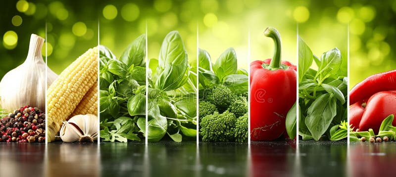 Vibrant Vegetable Collage with White Dividers in Bright Light Forming 7 ...