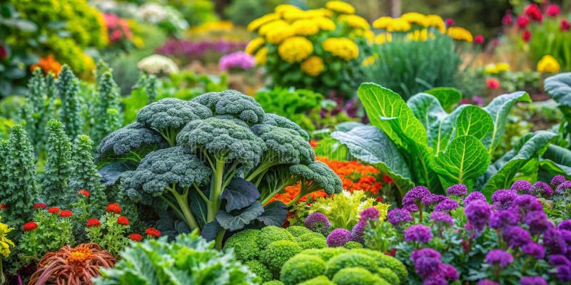 A Vibrant Vegetable Patch Showcasing Rows of Kale Broccoli and Spinach ...