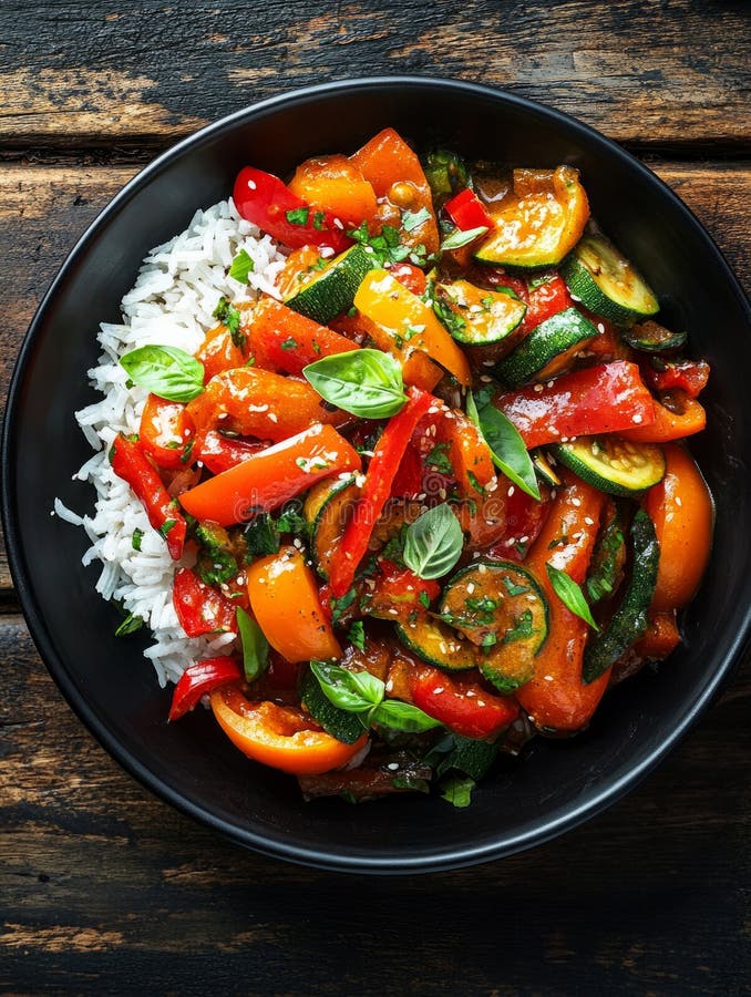 Vibrant Vegetable Stir Fry Rice Basil Rustic Table Stock Photos - Free ...