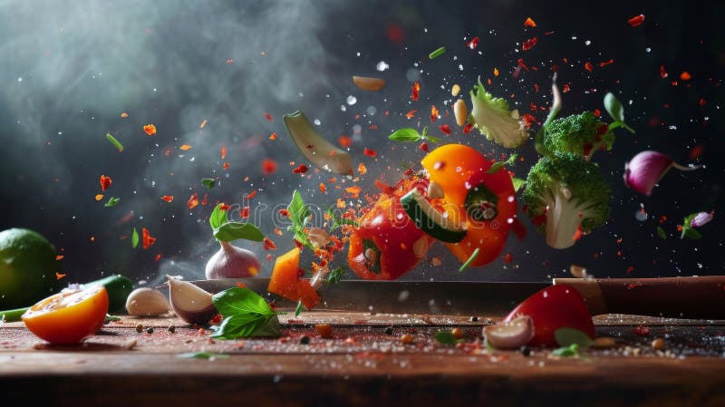 Vibrant Vegetables Exploding Mid-air with Knife on Wooden Board Stock ...