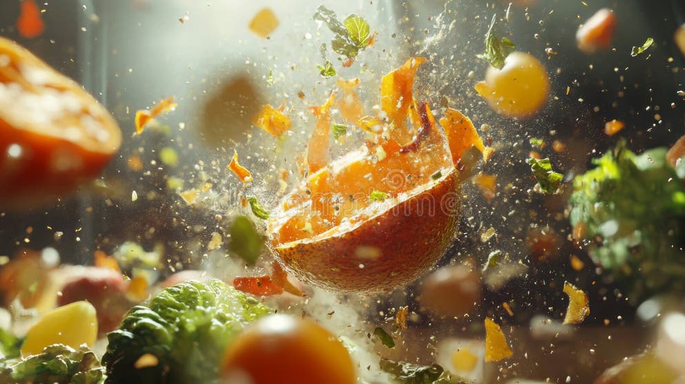Vibrant Vegetables and Fruit Exploding in Mid-Air Stock Illustration ...