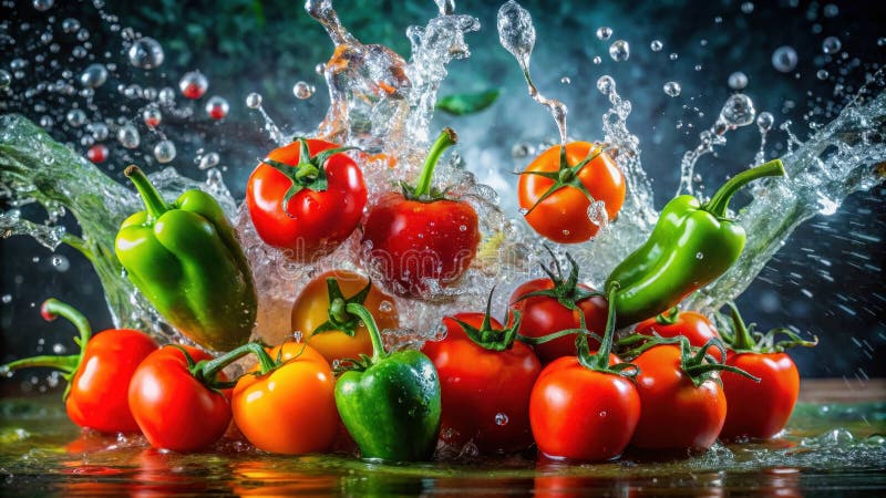 Vibrant Vegetables in a Splashing Water Display Fresh Tomatoes and Bell Peppers. Generative AI ...