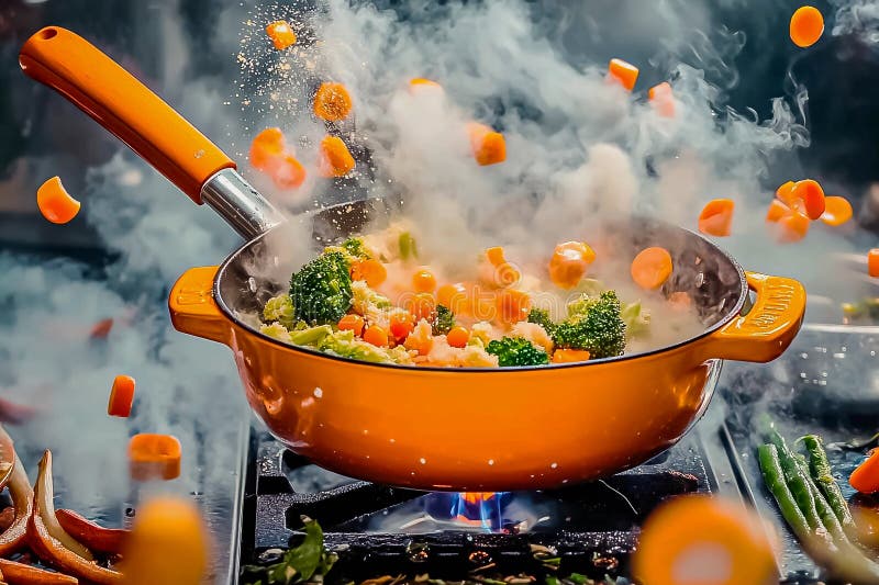 Vibrant Vegetables Stir-fried in a Bright Orange Pan Over an Open Flame ...