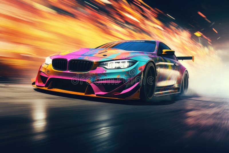 A Vibrant Vehicle Cruises Along a Blurred Urban Backdrop Stock Photo ...