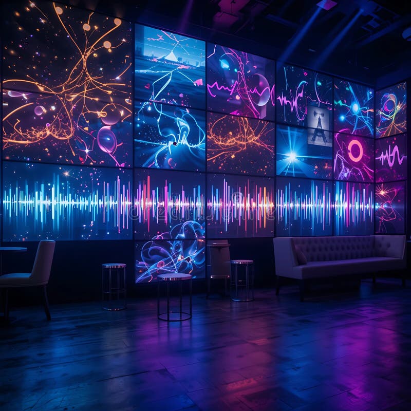 Vibrant Video Wall Displays in Modern Lounge with Audio Waveforms Stock ...