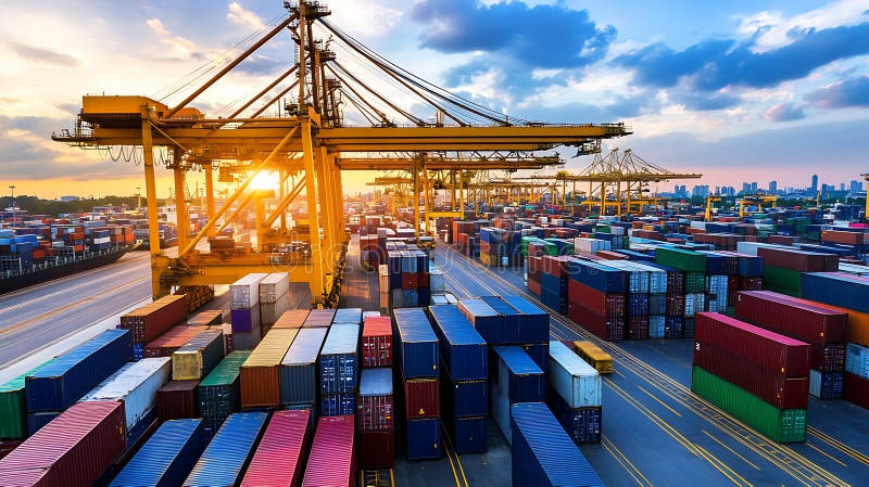 Cranes Loading Containers at Busy Shipping Terminal Stock Illustration ...