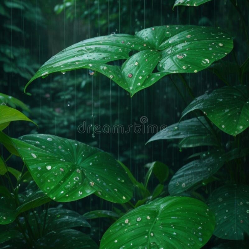 Vibrant View of a Lush Green Landscape with Raindrops Falling from the ...