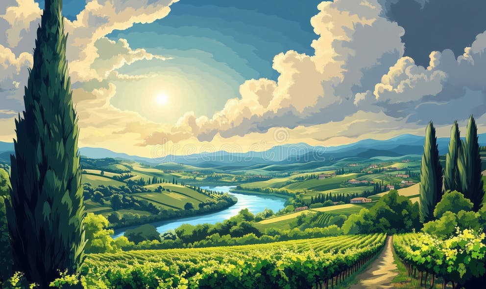 Vibrant Vineyard Landscape with Rolling Hills, River, and Dramatic Sky ...