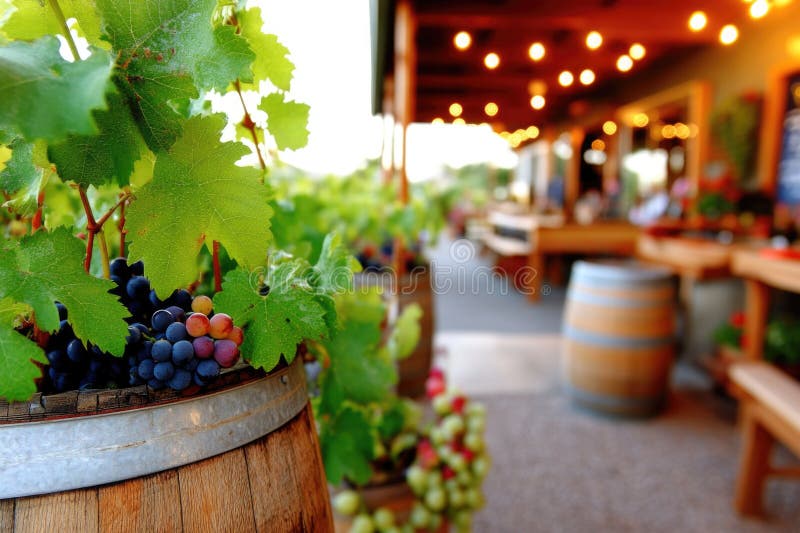 Vibrant Vineyard Scene with Grapes and Rustic Outdoor Seating Stock ...