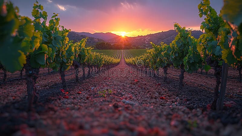 A Vibrant Vineyard Sprawls Across Gentle Rolling Hills As the Sun Sets ...