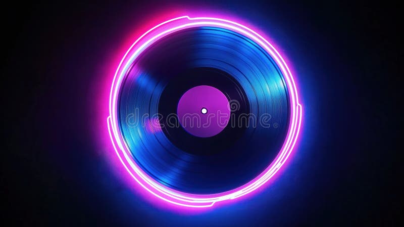Vibrant Vinyl Record Glows with Neon Lights. Circular Pattern Creates ...
