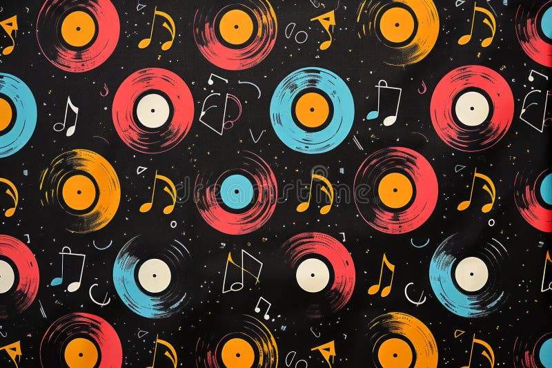 Vibrant Vinyl Records and Musical Notes on a Dark Background Stock ...