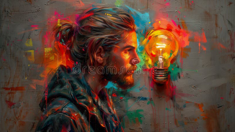 Vibrant Vision: Man with a Light Bulb Stock Illustration - Illustration ...