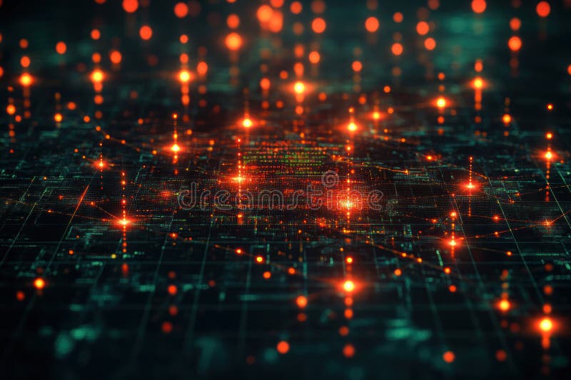 A Vibrant Visualization of Cyber Attack, Showcasing Grid Filled with Glowing Data Points and ...