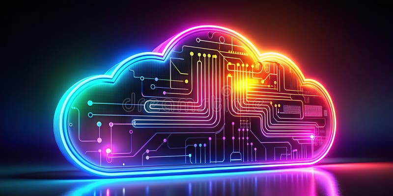 A Vibrant Visualization of Futuristic Cloud Computing Glowing Neon Circuitry Intertwined with ...