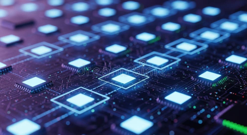 Abstract Digital Network of Glowing Blue Square Nodes Connected by ...