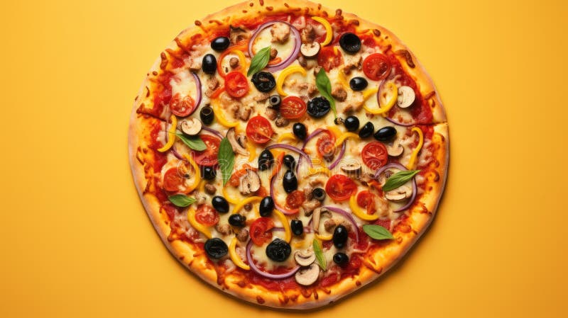 Vivid Vegetable Pizza Flatlay on Yellow Background Stock Illustration ...