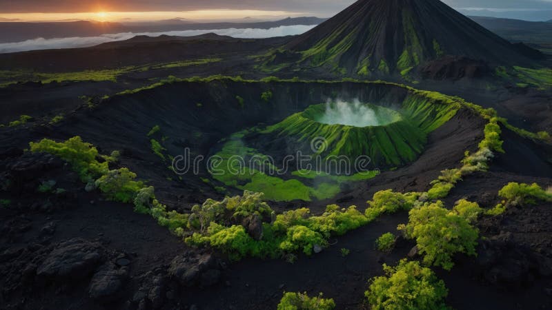Serene Sunrise Over Volcanic Crater with Lush Green Vegetation Stock ...