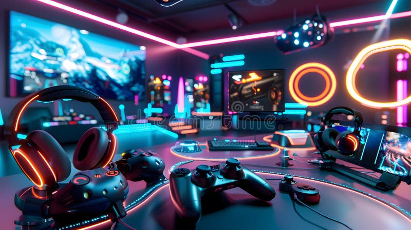 Vibrant VR Gaming Setup with Glowing Accents Stock Illustration ...