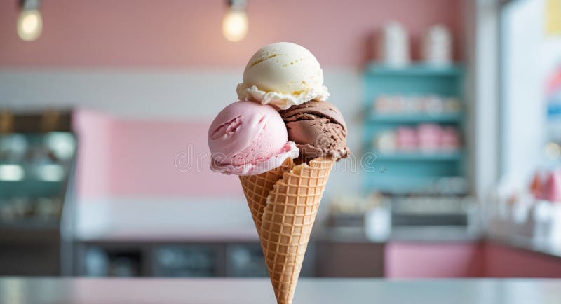 Vibrant Waffle Cone with Triple Ice Cream Scoops in Ice Cream Shop ...