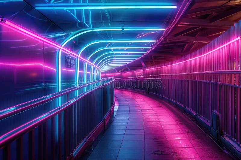 A Vibrant Walkway Illuminated by Neon Lights Stock Photo - Image of ...