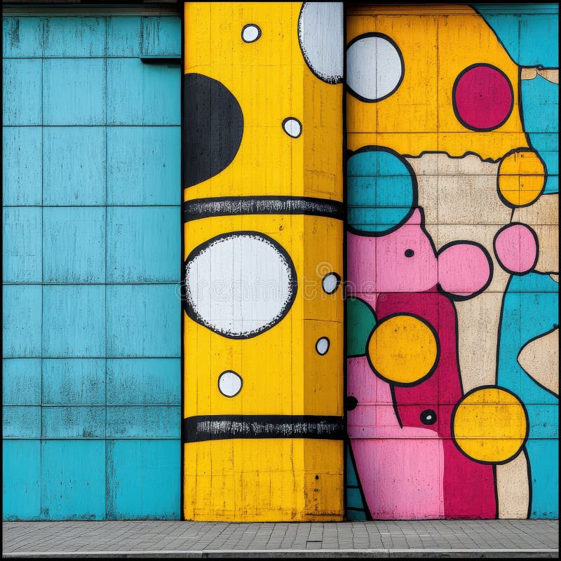 Vibrant Wall Art Featuring Colorful Patterns on Urban Concrete Pillars ...