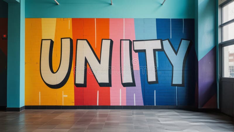 Vibrant Wall Mural with Bold Letters Signifying Unity in Modern Indoor ...