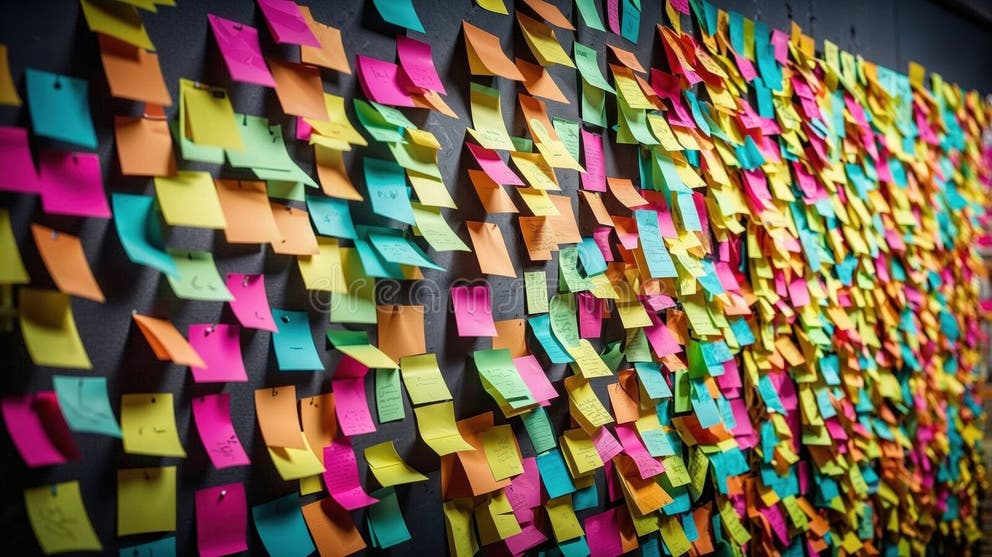 Vibrant Wall Overflowing with Multicolored Sticky Notes, Scribbled with ...