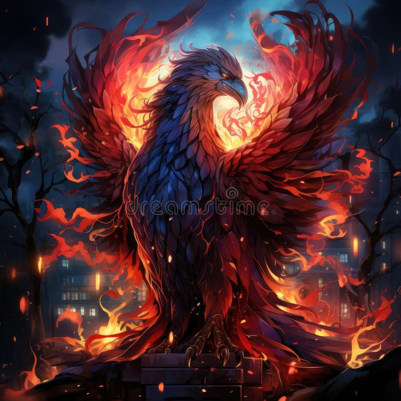 Vibrant Wallpaper Featuring a Fiery Phoenix in Dark Red and Blue Stock ...