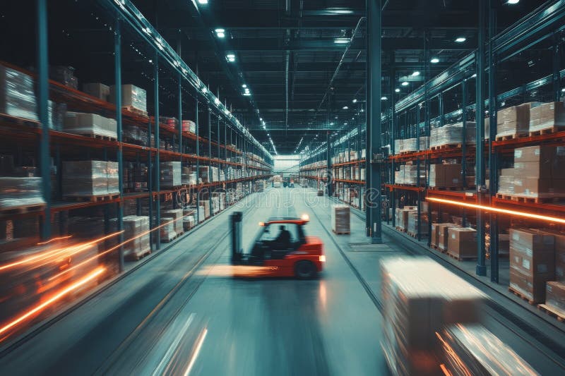 Vibrant Warehouse Activity Workers and Forklifts Amid High Tech Storage ...