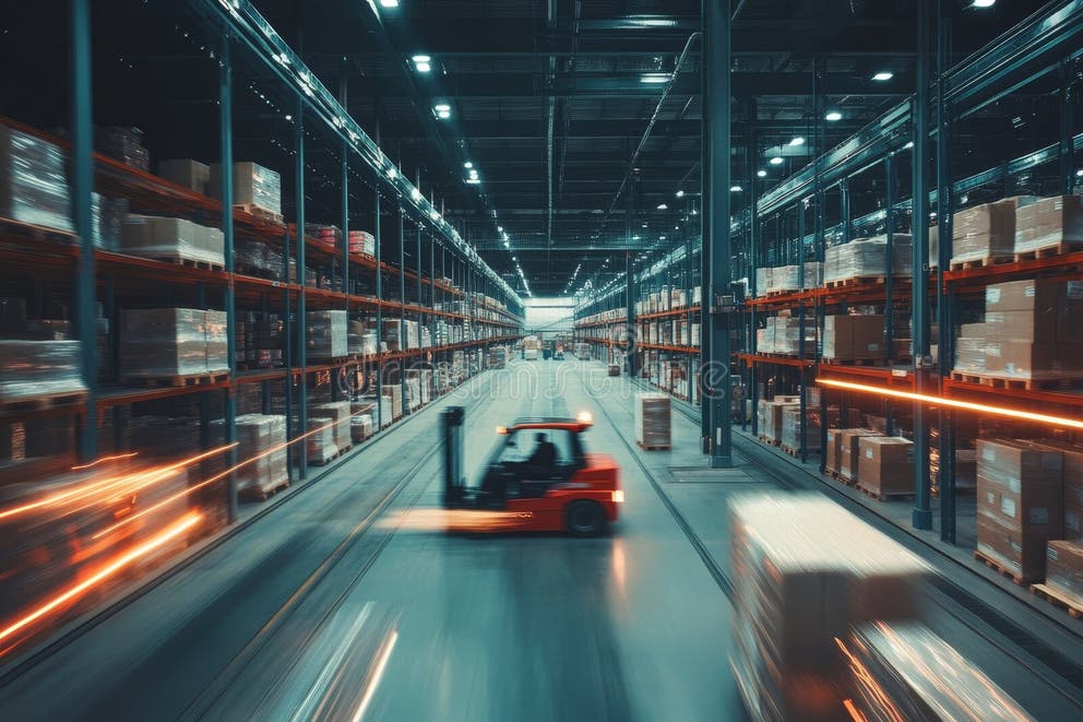 Vibrant Warehouse Activity Workers and Forklifts Amid High Tech Storage ...