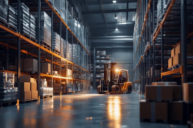 Vibrant Warehouse Activity Workers and Forklifts Amidst High Tech ...
