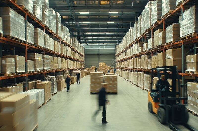 Vibrant Warehouse Activity with Workers and Forklifts Amidst Stacked ...