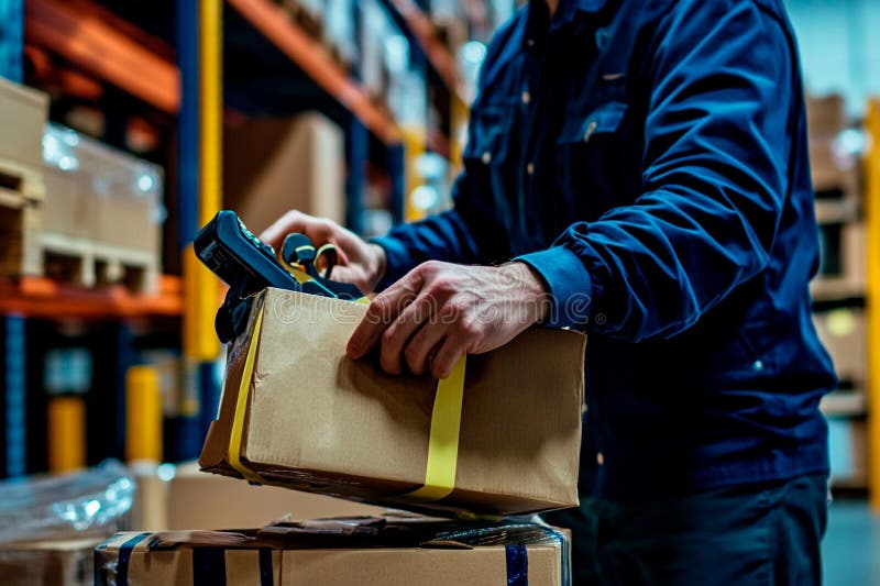 Worker Handling Package with Barcode Scanner in Bustling Warehouse ...