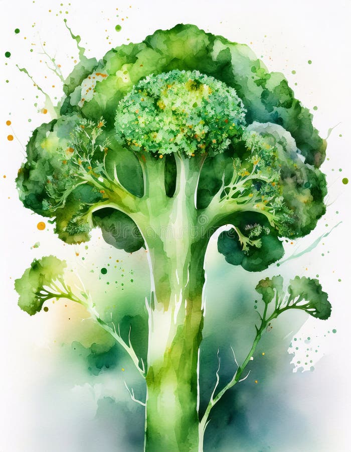 Vibrant Watercolor Broccoli Tree with Green Leaves and Splashes ...