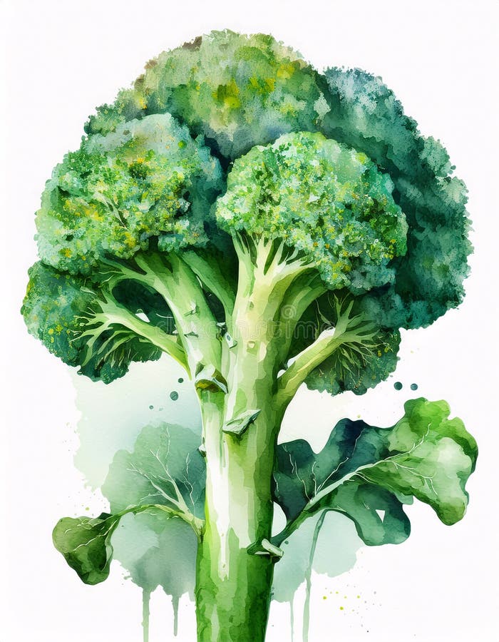 Vibrant Watercolor Broccoli Tree with Green Leaves and Splashes ...