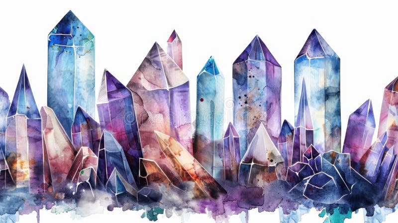 Vibrant Watercolor Crystal Cityscape Illustration Stock Image - Image ...