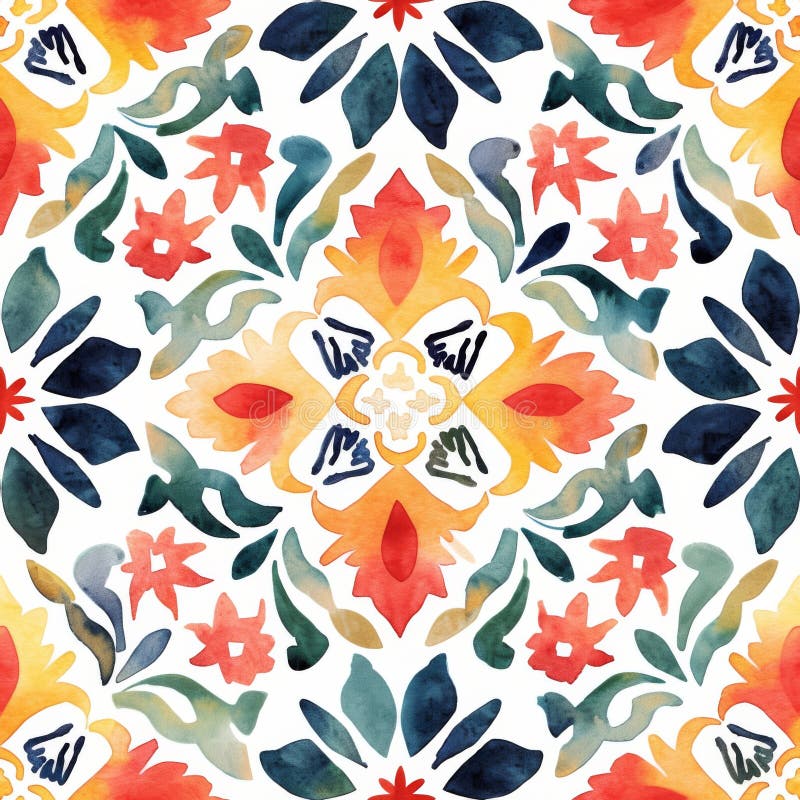 Vibrant Watercolor Floral Tile Pattern with Lush Leaves Stock Image ...