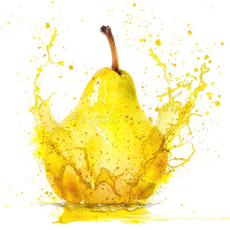 A Vibrant Watercolor Illustration Capturing a Pear Mid-splash Stock ...