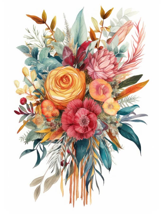 Vibrant Watercolor Illustration of an Elegant Boho Wedding Bouquet. Stock Illustration ...