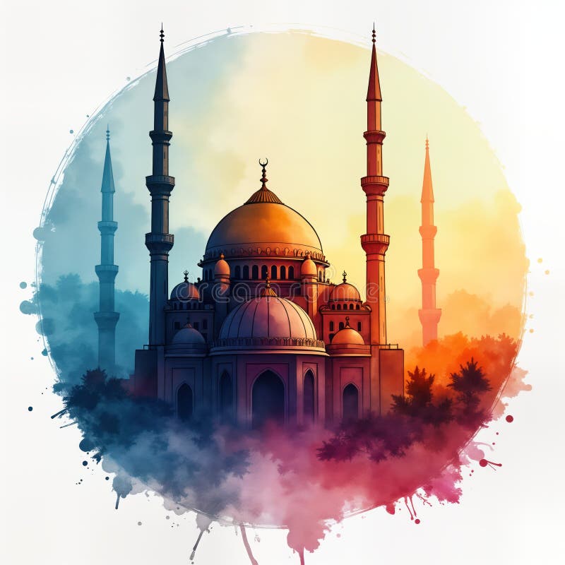 Vibrant Watercolor Illustration of Mosque. Circular Frame with Dynamic ...