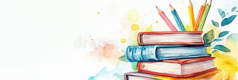 A Vibrant Watercolor Illustration Showcasing a Stack of Books with ...