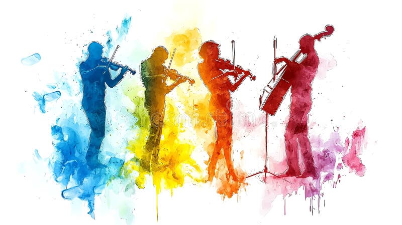 Vibrant Watercolor Illustration of a String Quartet Performing Stock ...